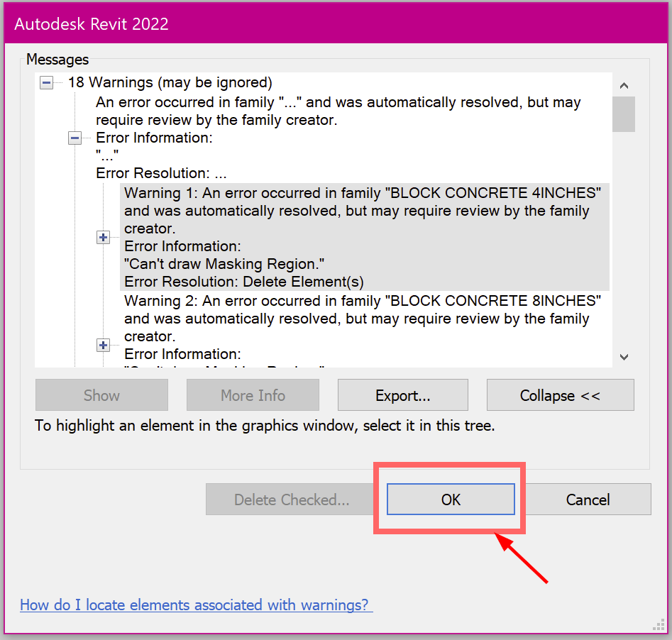 "An error occurred in family and was automatically resolved" when upgrading a file in Revit