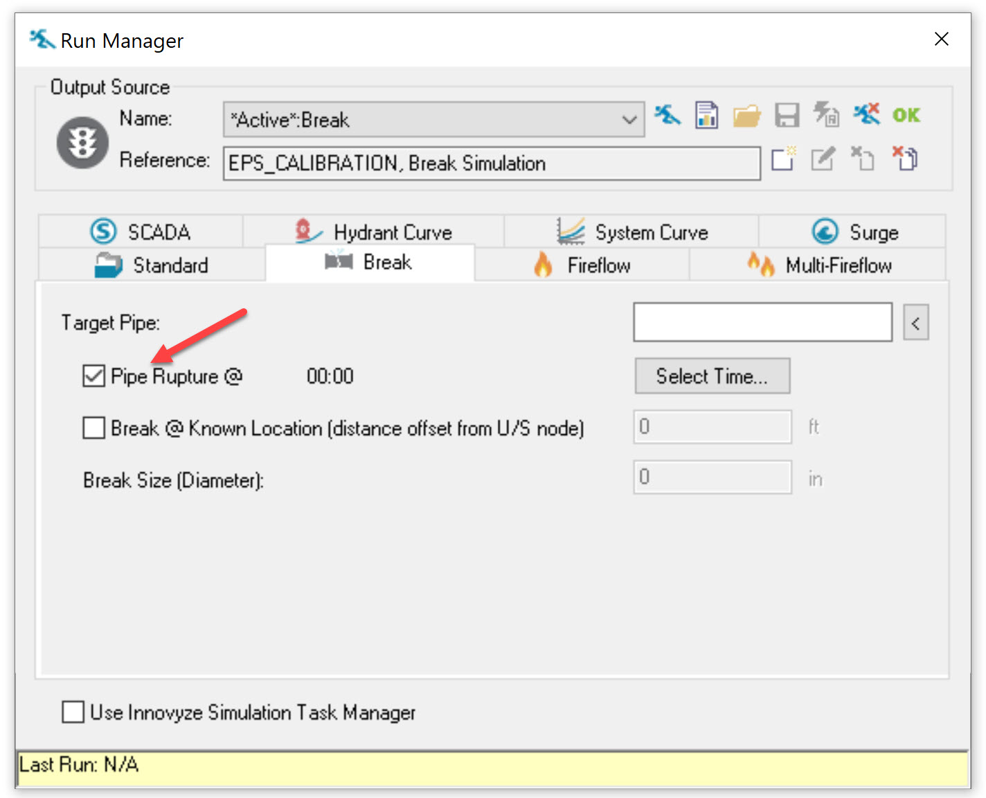 Error "Invalid Break Size (Diameter)!" when running a standard simulation in InfoWater Pro