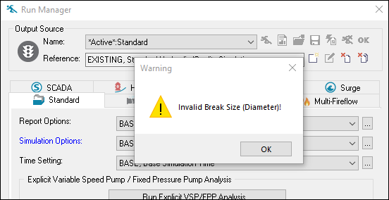 Error "Invalid Break Size (Diameter)!" when running a standard simulation in InfoWater Pro