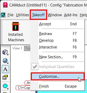 CAMduct 中“Takeoff”对话框缺少条目特性