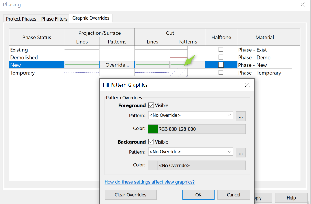 How to override the wall by phase filter to keep the wall hatch visible in Revit