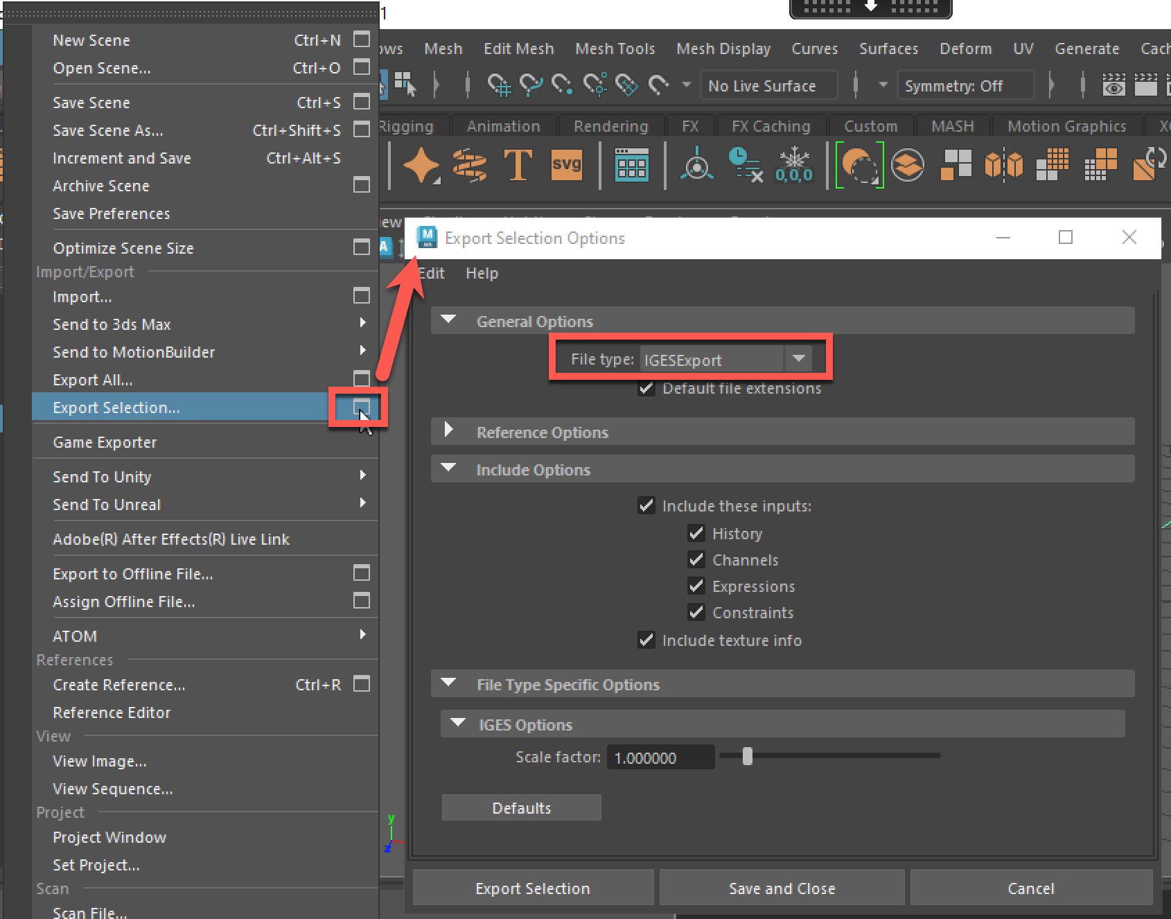Exporting Nurbs curves in IGES file format does not work in Maya