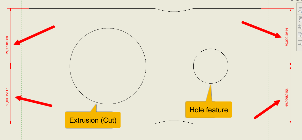 Approximated position of extrusion cuts or holes in an Inventor drawing