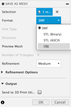 Exporting a design as STL, OBJ, FBX fails in Fusion