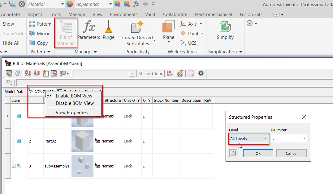 How to numerate components of a subassembly in Inventor drawing