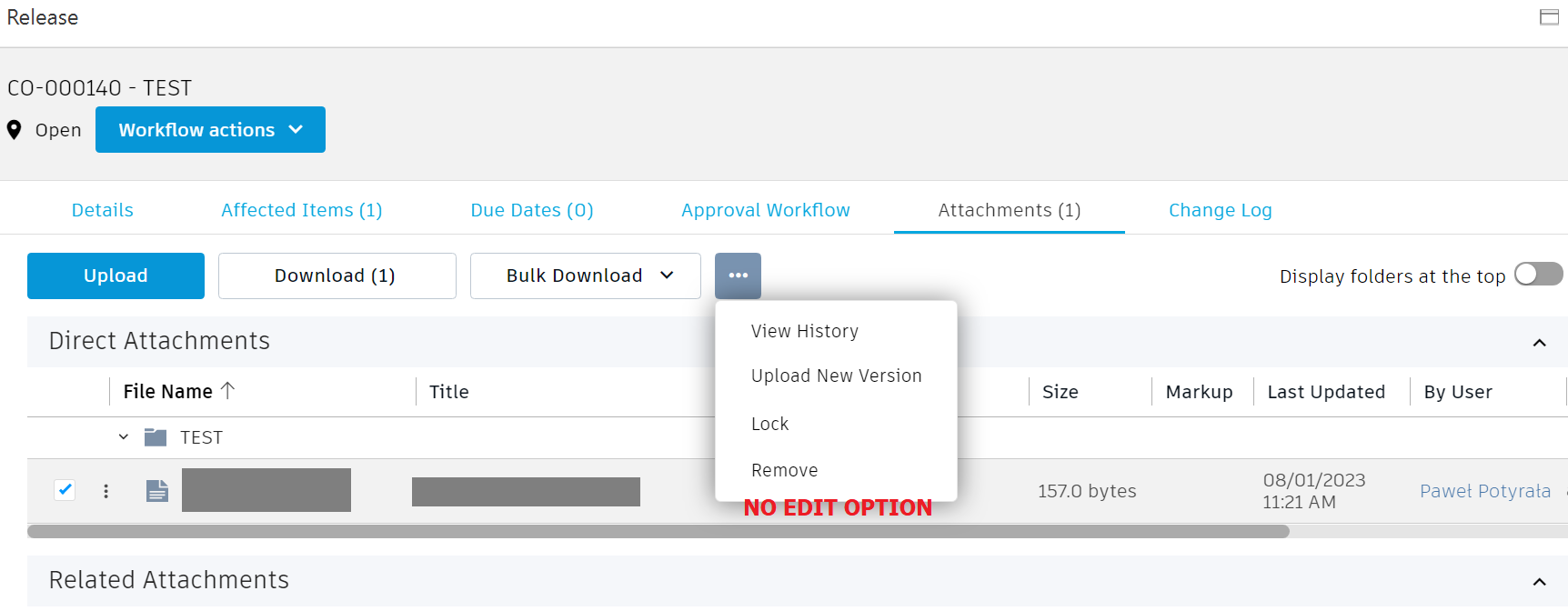 No option for the owner, reviewer, or approver to edit attachment in ...