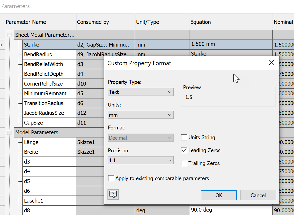 Exported Sheet Metal Thickness Parameter Of An Inventor Ipart Is Shown Differently In A Text On 