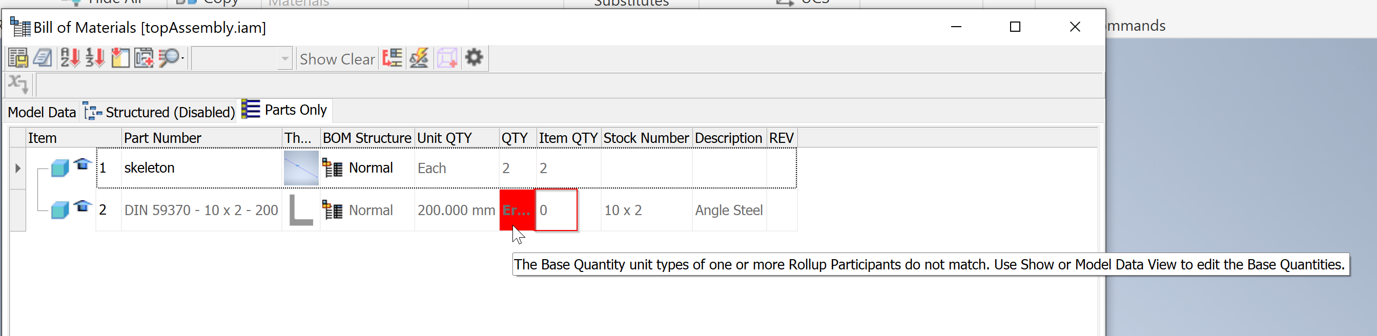 QTY value in BOM shows Error in Inventor assembly