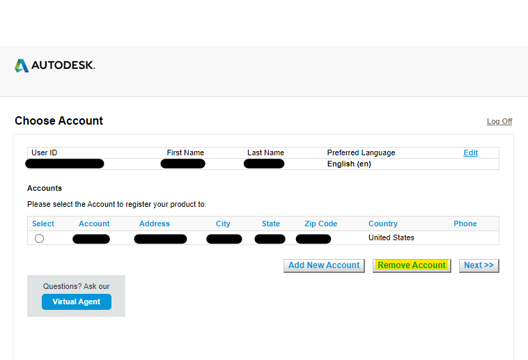 Unable to remove account from accounts list when registering a serial ...