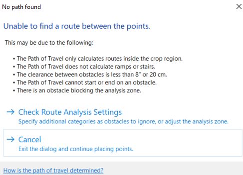 "Unable to find a route between the points..." while using Path of Travel feature in Revit