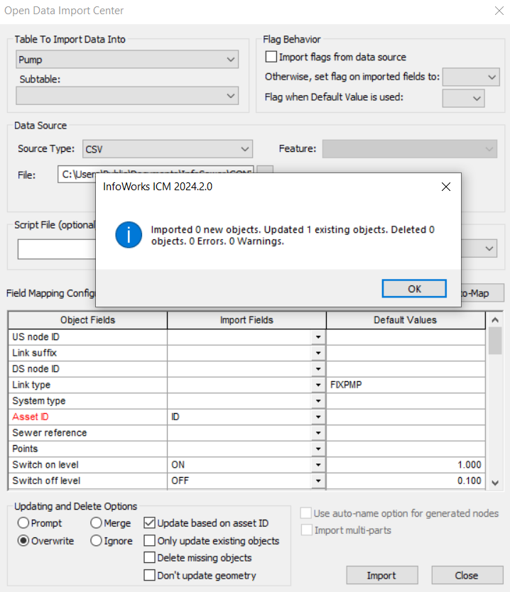 Importing InfoSewer to InfoWorks ICM - Step 6 Import Pump Controls in the Import of InfoSewer to ...