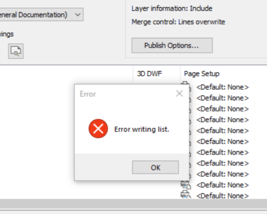 "Error writing list" message appears when attempting to publish from AutoCAD
