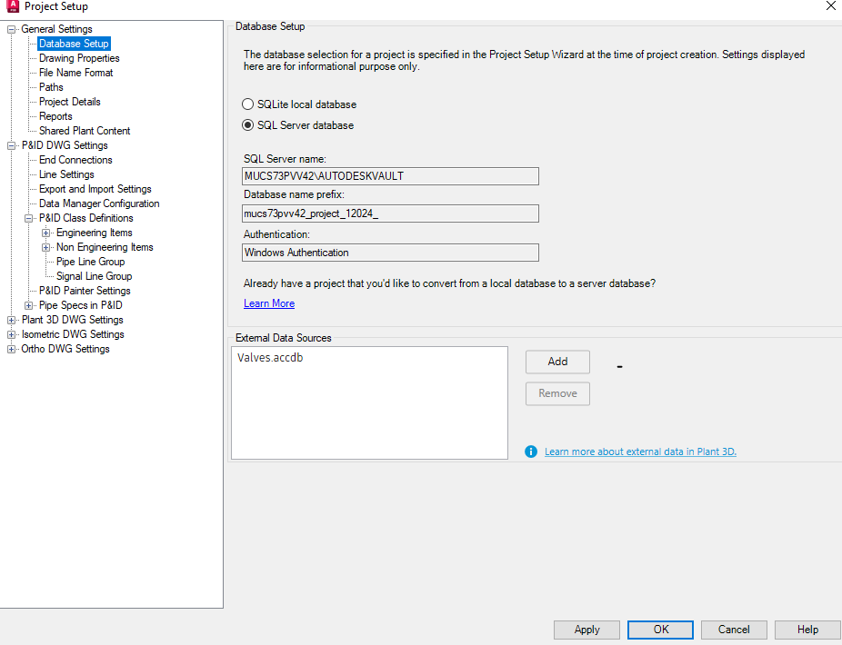 How to connect to an external database in AutoCAD Plant 3D 2024 and newer