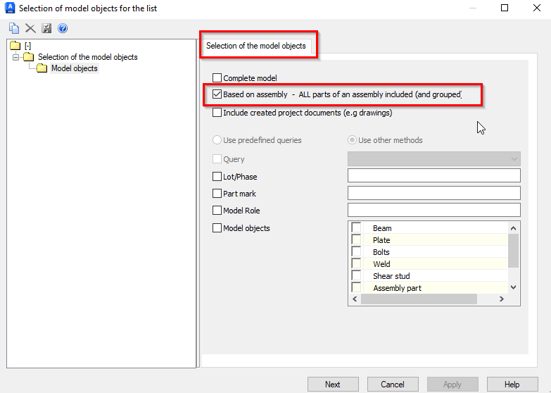 Missing some bolts from BOM list created on selected elements in Advance Steel
