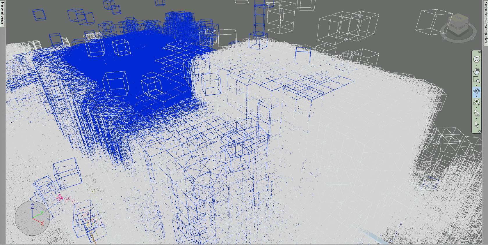 An NWD file with a point cloud is shown as empty cubes in Navisworks