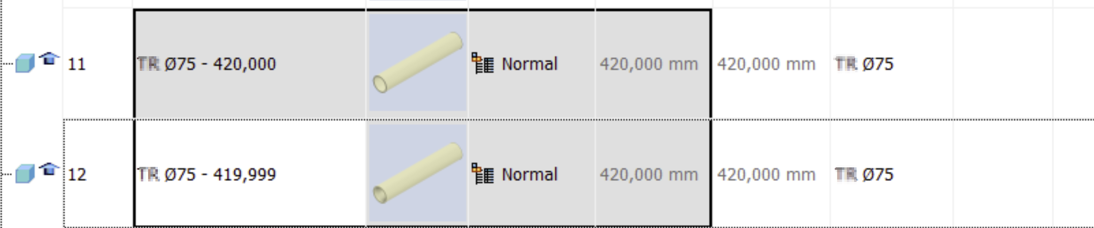 Two same pipe segments have different length in Part Number shown in ...