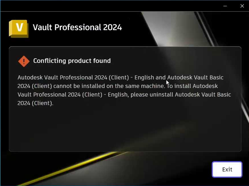 尝试安装 Vault Professional 2024 时显示“发现冲突的产品”