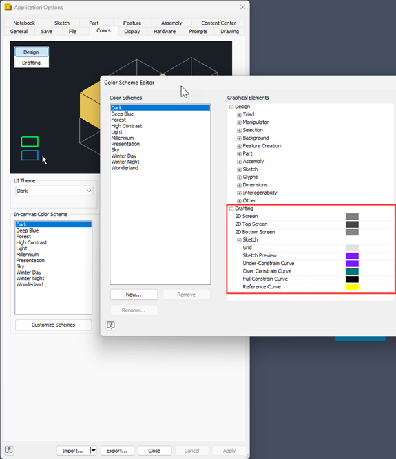 Dimension and geometry lines color in the sketch does not respect the color of Inventor ...