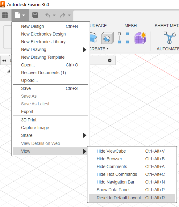 How to reset to the default layout in Autodesk Fusion?