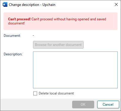 "Can't proceed! Can't proceed without having opened and saved document ...