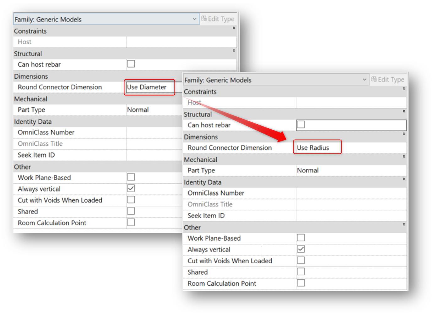 Unable to change nominal diameter connector size in canvas in Revit