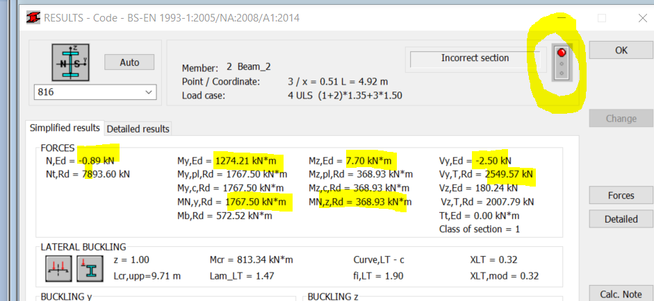 Too high utilization ratio for members in respect to internal forces value while steel code ...
