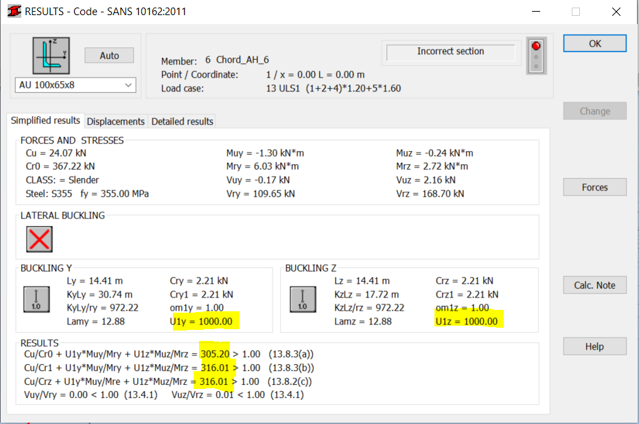 在 Robot Structural Analysis 中根据 SANS 10162 对构件进行钢结构设计时，失效率极高