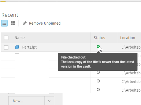 Vault status not in synchronized with Inventor home (recent files) view