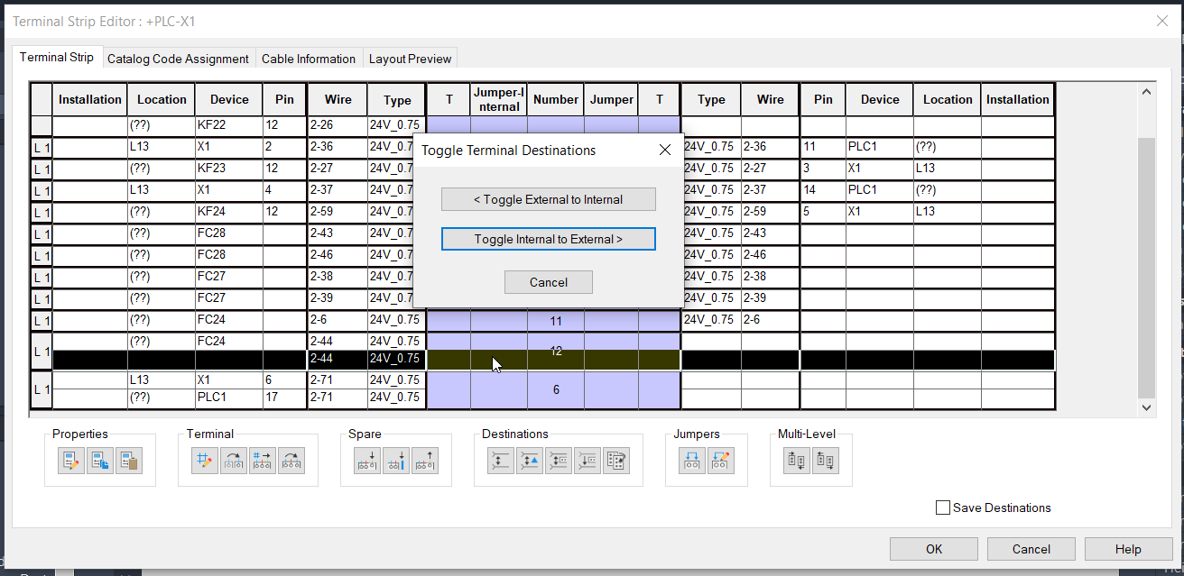 Switch wire destination on the Terminal Strip Editor is not preserved in AutoCAD Electrical
