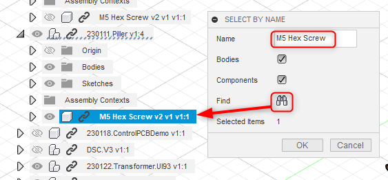 How to search/filter the browser for bodies or components in Autodesk Fusion