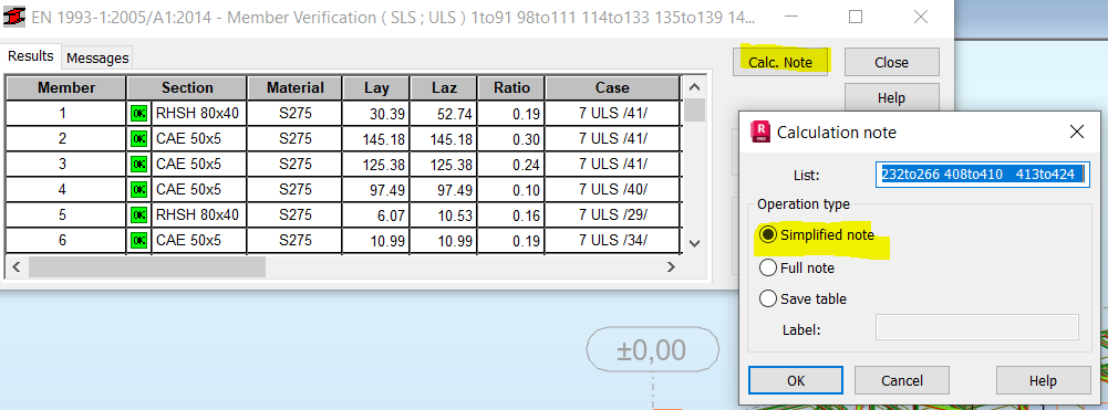 Overlaid text while simplified steel design calculation note printout in Robot Structural Analysis