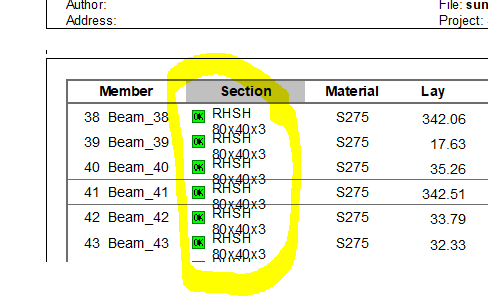 Overlaid text while simplified steel design calculation note printout in Robot Structural Analysis