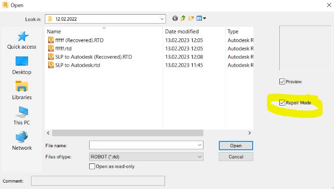 So öffnen Sie eine Datei im Reparaturmodus in Robot Structural Analysis