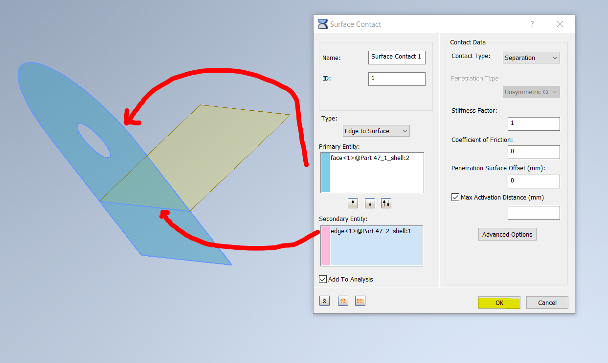 Inventor Nastran中固定/焊接边到表面壳连接的推荐接触类型