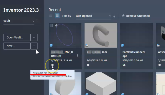 "Available for checkout" shows in Inventor home page when file is ...
