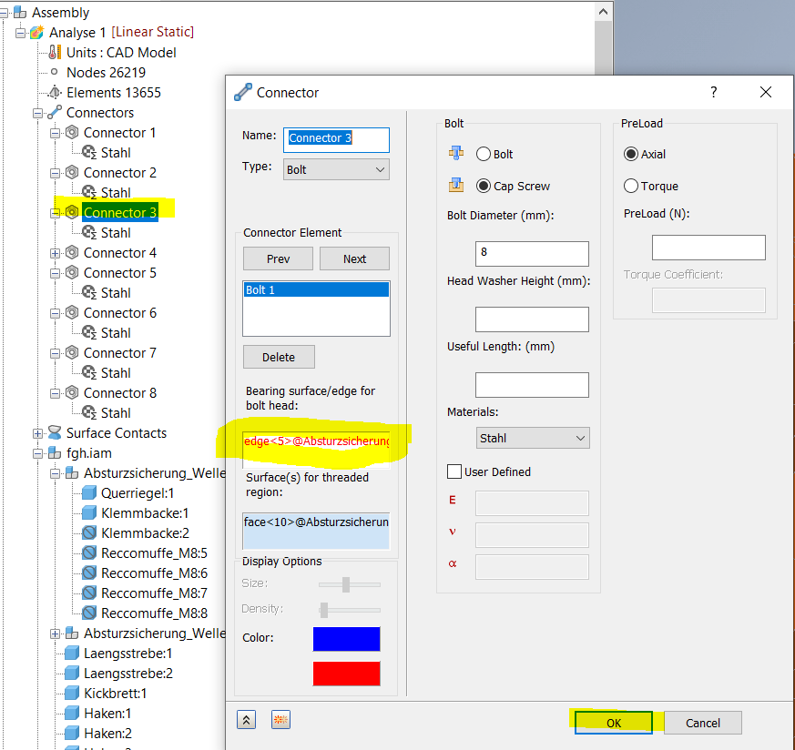 Beam diagrams results type not available for model with bolts in Inventor Nastran
