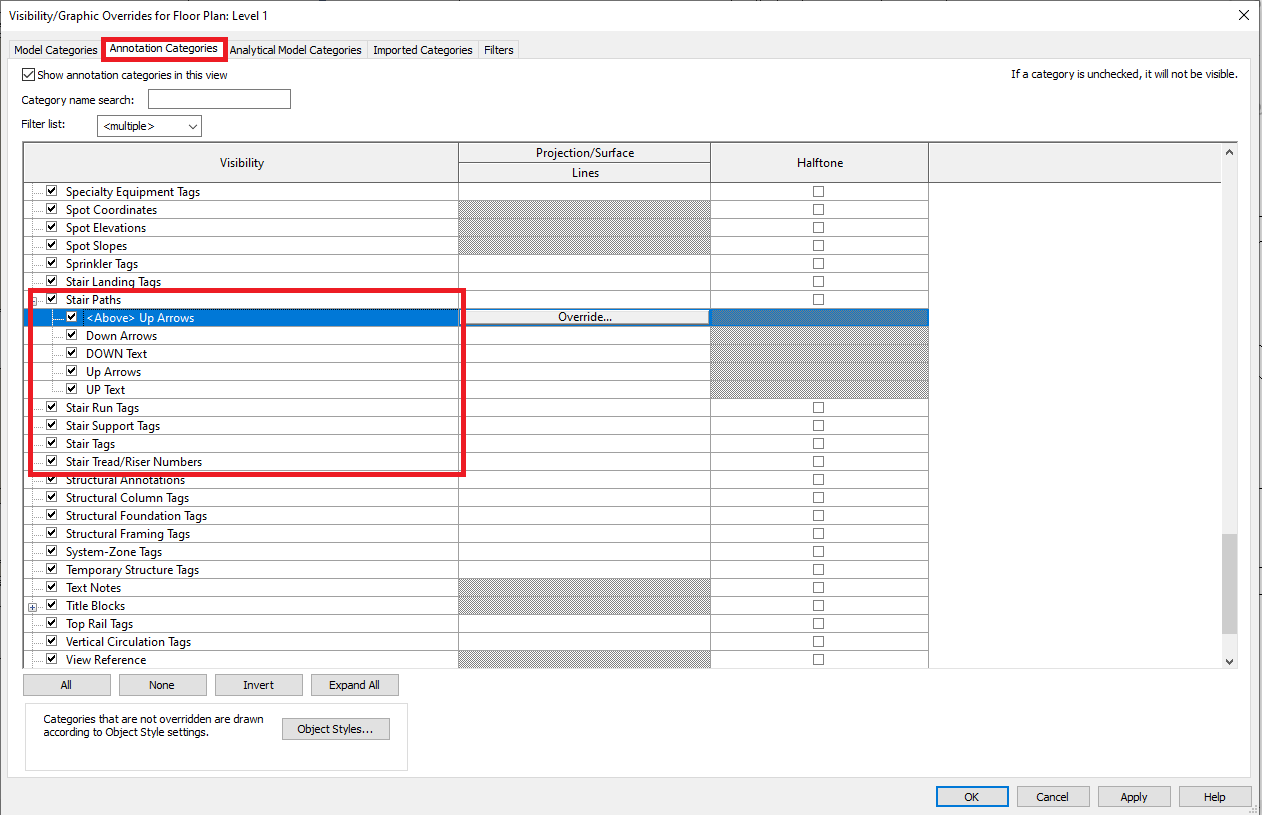 How to make visible the stair direction arrow extension in Revit