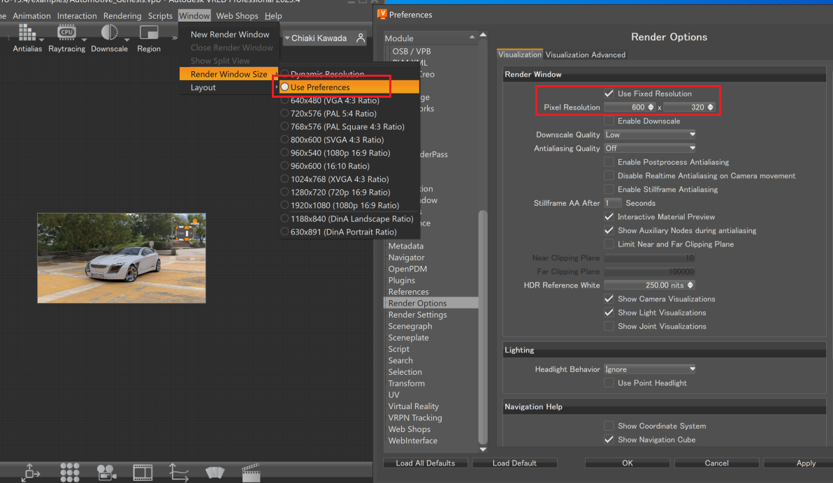 VREDビューのレンダリングウィンドウサイズを変更したい