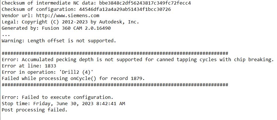 从 Fusion 制造进行后处理时显示“累计啄钻深度不支持攻屑循环”