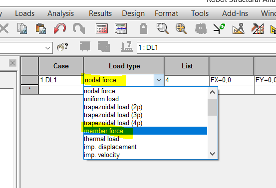 如何在Robot Structural Analysis中将节点力更改为载荷表中的杆件力