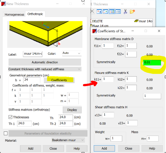 如何在Robot Structural Analysis中降低由板模拟的墙的剪切刚度
