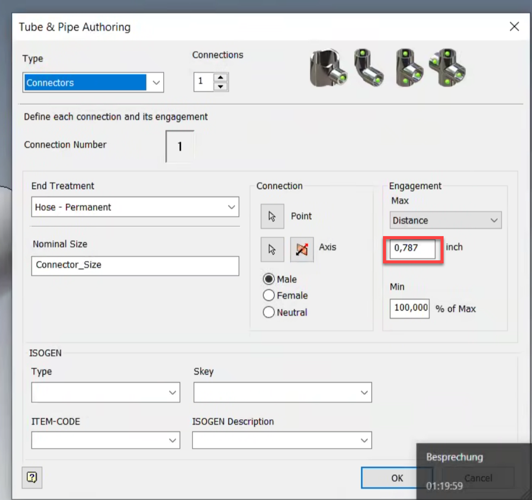 Engagement value of a tube and pipe connector changes in Inventor