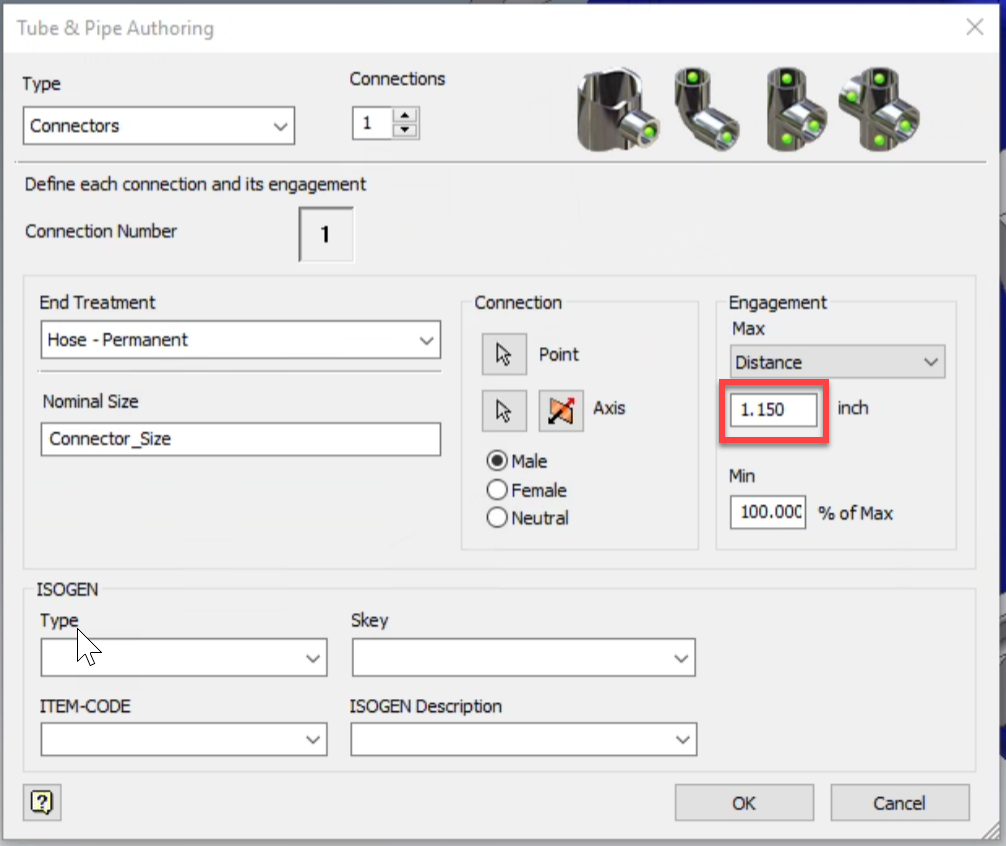 Engagement value of a tube and pipe connector changes in Inventor