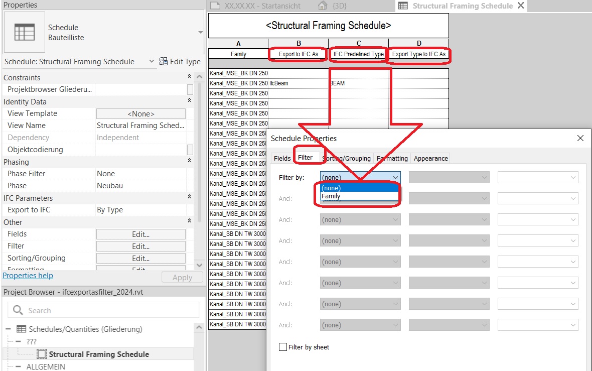 Unable to filter schedules by "Export to IFC As", "IFC Predefined Type ...