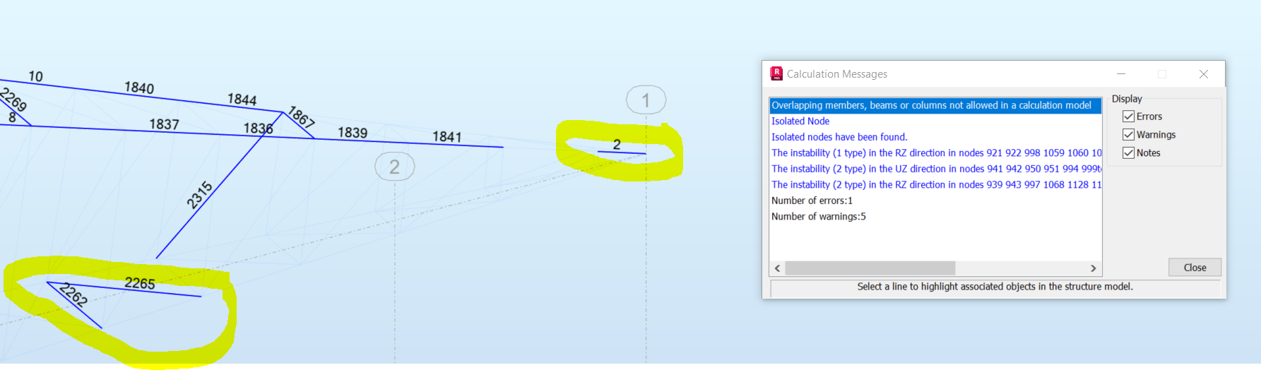 在 Robot Structural Analysis 中分析 三维框架模型时出现不合理的“计算模型中不允许重叠杆件、梁或柱”