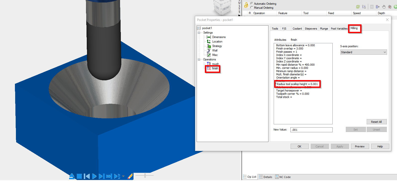 How to reduce large stepover in tapered pocket in FeatureCAM.