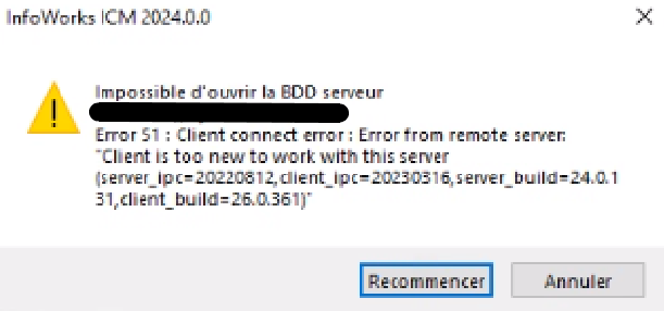 "Error 51: Client connect error" when opening a database in InfoWorks ICM