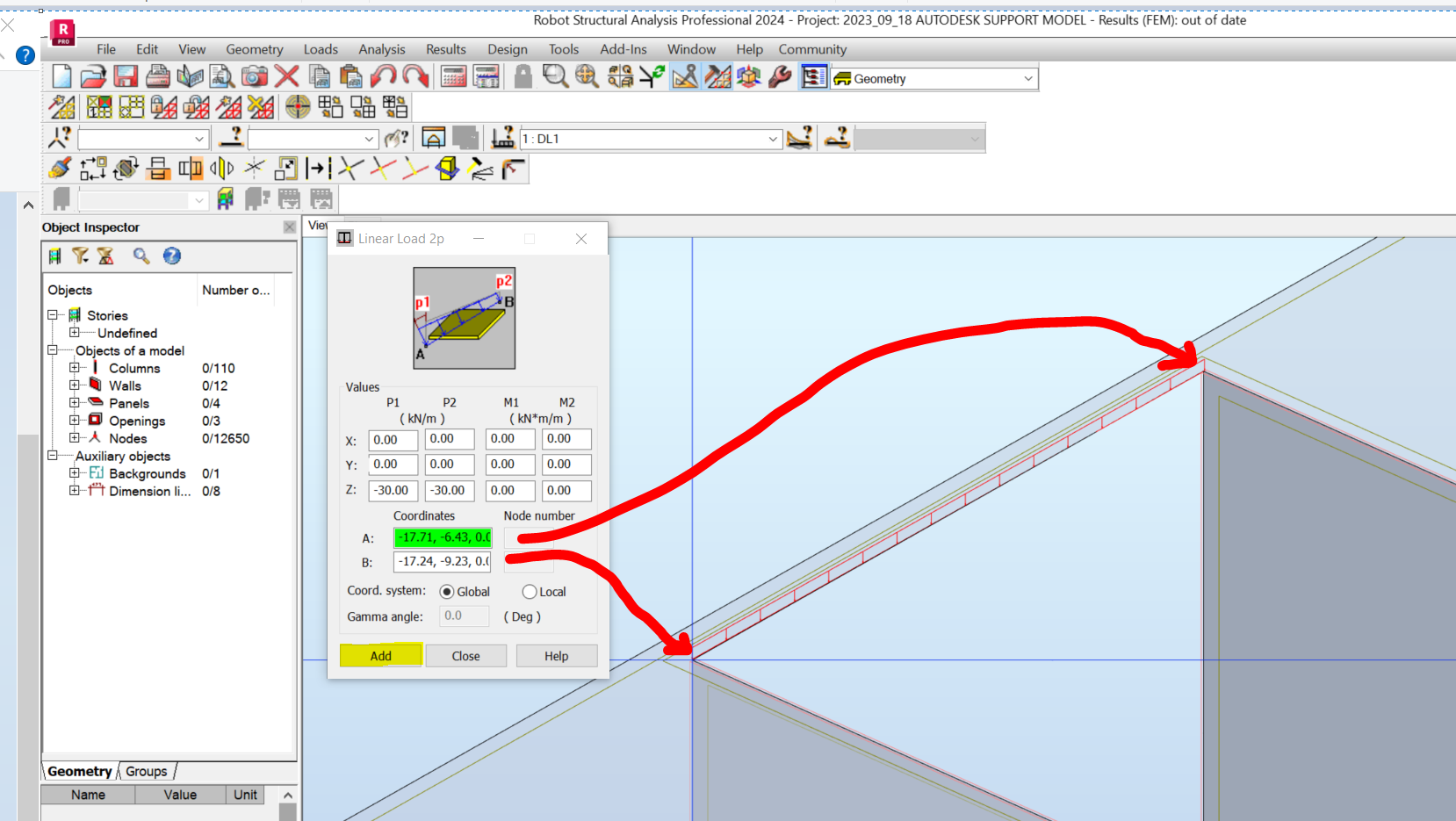 "Linear load has been partially applied to a panel" warning while calculation of model in Robot ...