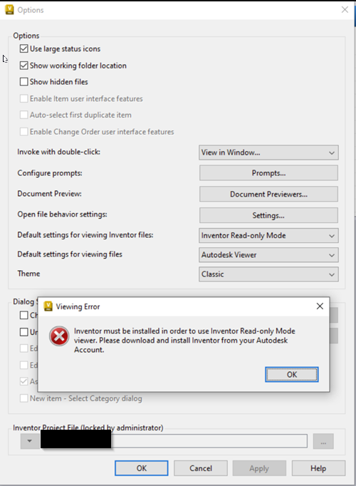 "Inventor must be installed ... " when saving Options in Vault