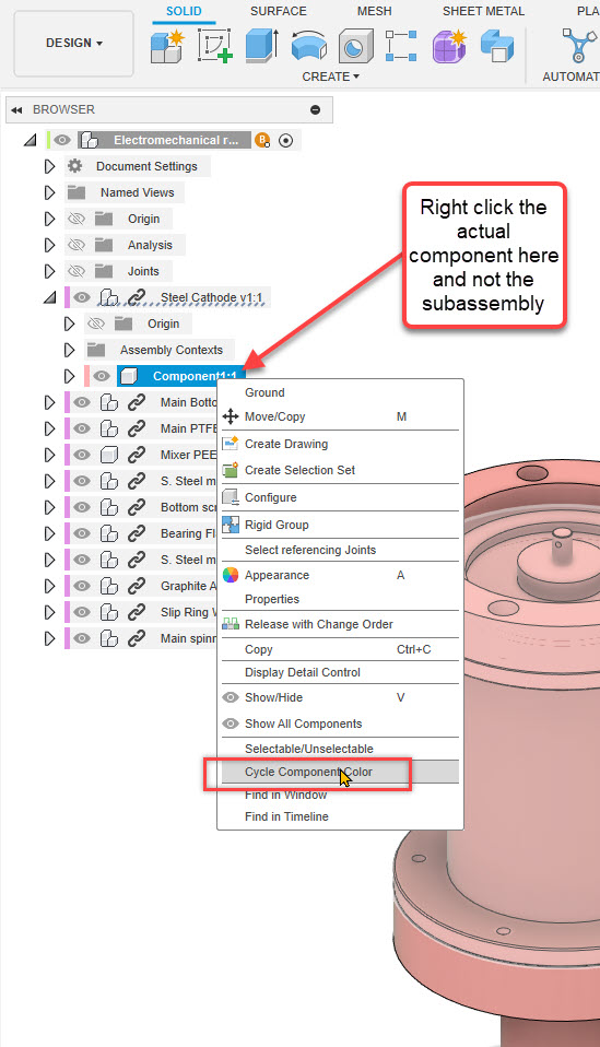All bodies are assigned a pink color in Fusion 360